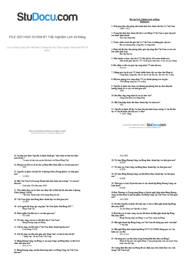 BT Trac Nghiem Lich Su Dang | PDF