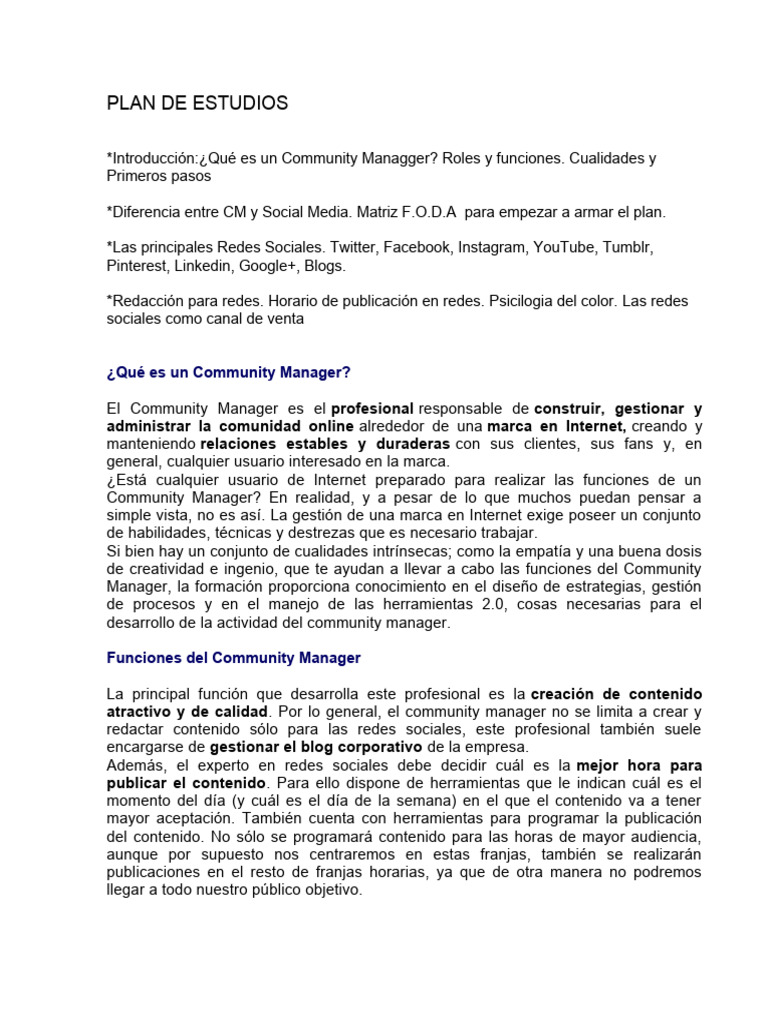 Qué Es Un Community Manager Pdf Análisis Foda Facebook