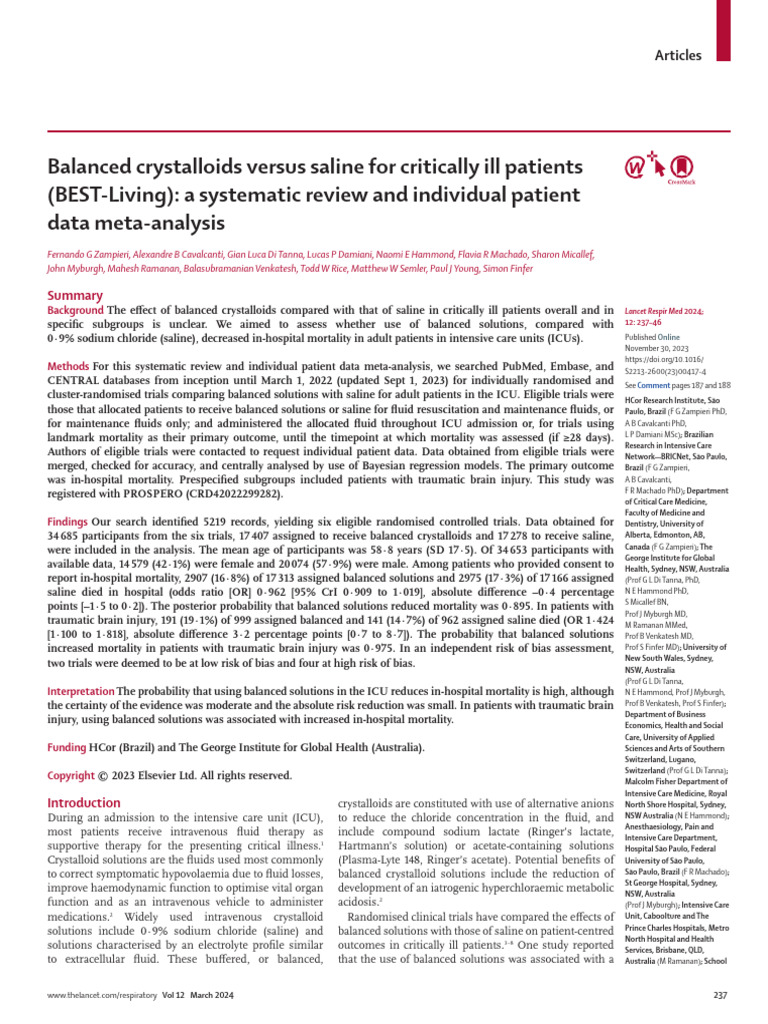 Balanced Crystalloids Versus Saline For Critically Ill Patients (BEST ...