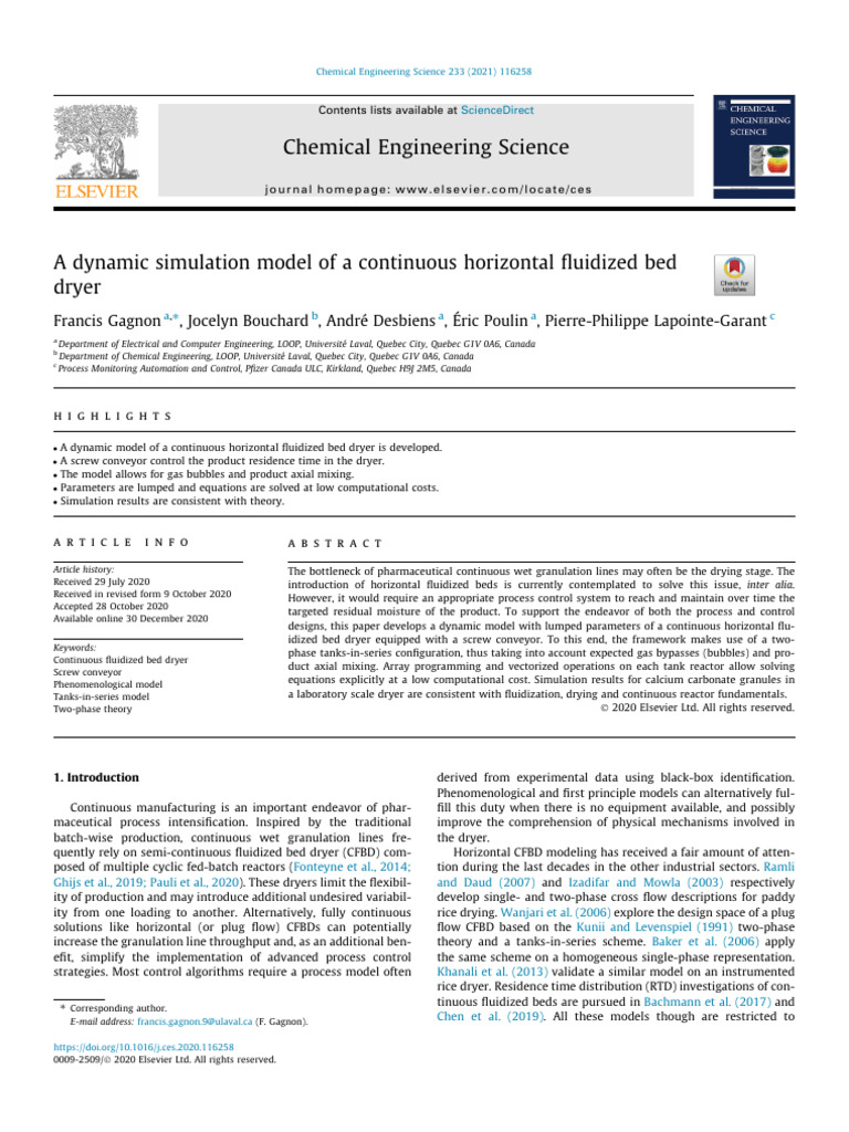 Gagnon Et Al, 2021 - A Dynamic Simulation Model of A Continuous Horizontal Fluidized Bed Dryer ...