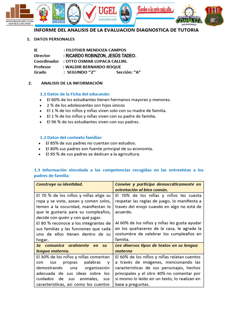 Informe Del Analisis De La Evaluacion Diagnostica De Tutoria Waly Pdf 1606