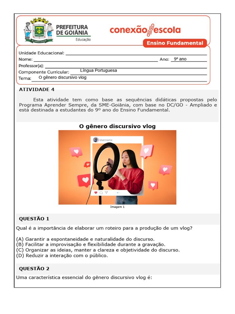 Atividade 4 - O gênero discursivo vlog | PDF | Gênero | Estudos de Gênero
