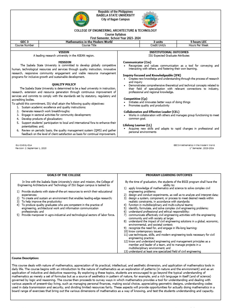 Course Syllabus GEC 3 Mathematics in The Modern World 1st Sem 23 24 ...