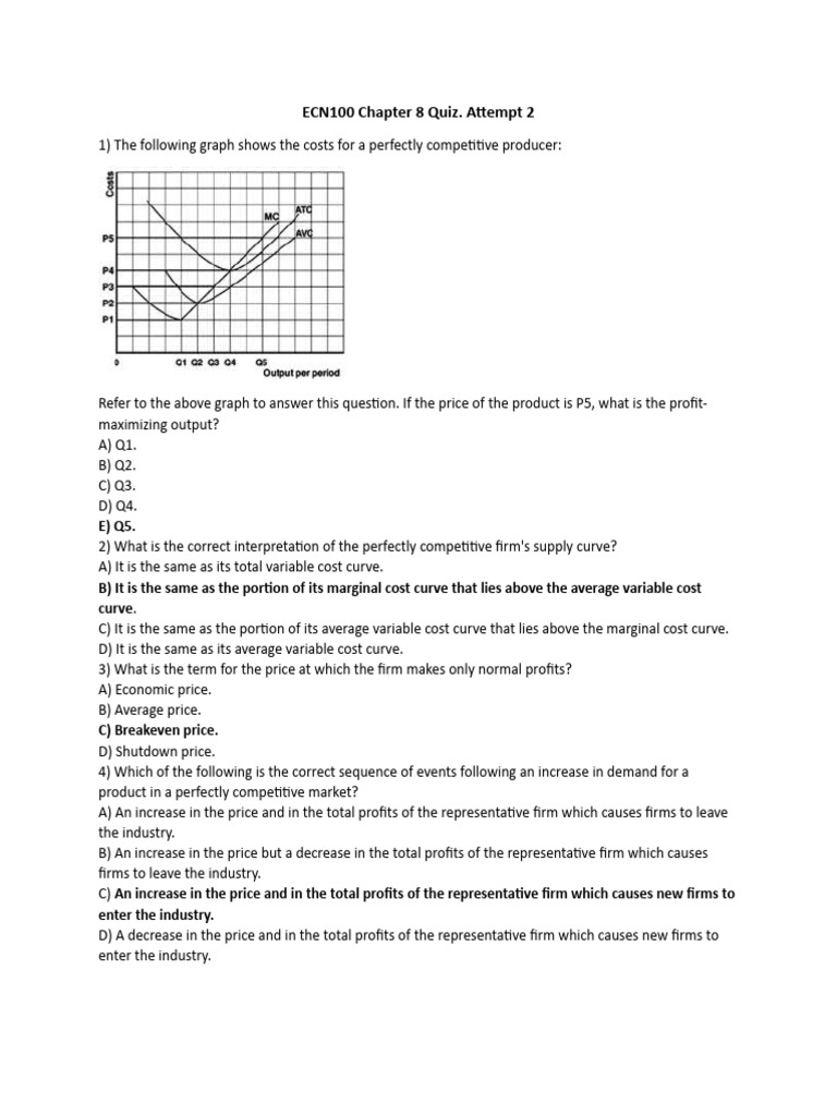ECN100 Chapter 8 Quiz A2 | PDF | Perfect Competition | Profit (Economics)