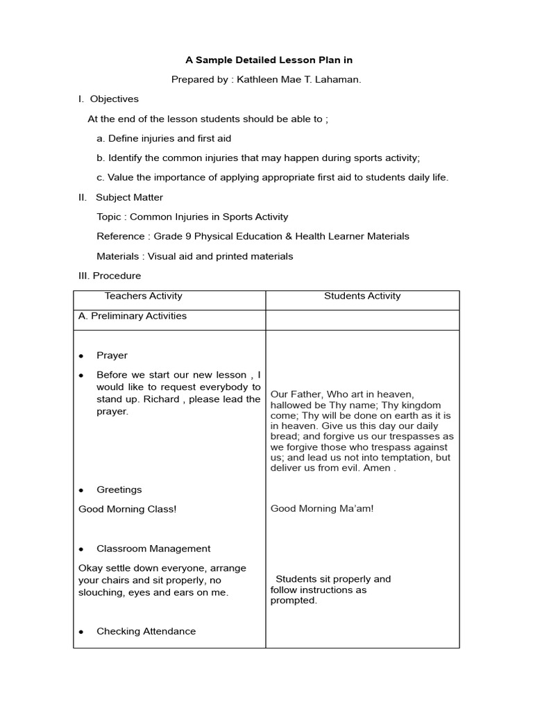 A Sample Detailed Lesson Plan in Physical Educat Mam J | PDF | Knee ...