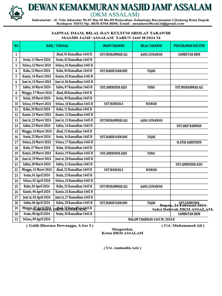 Jadwal Solat Tarawih DKM Assalam 2024 | PDF