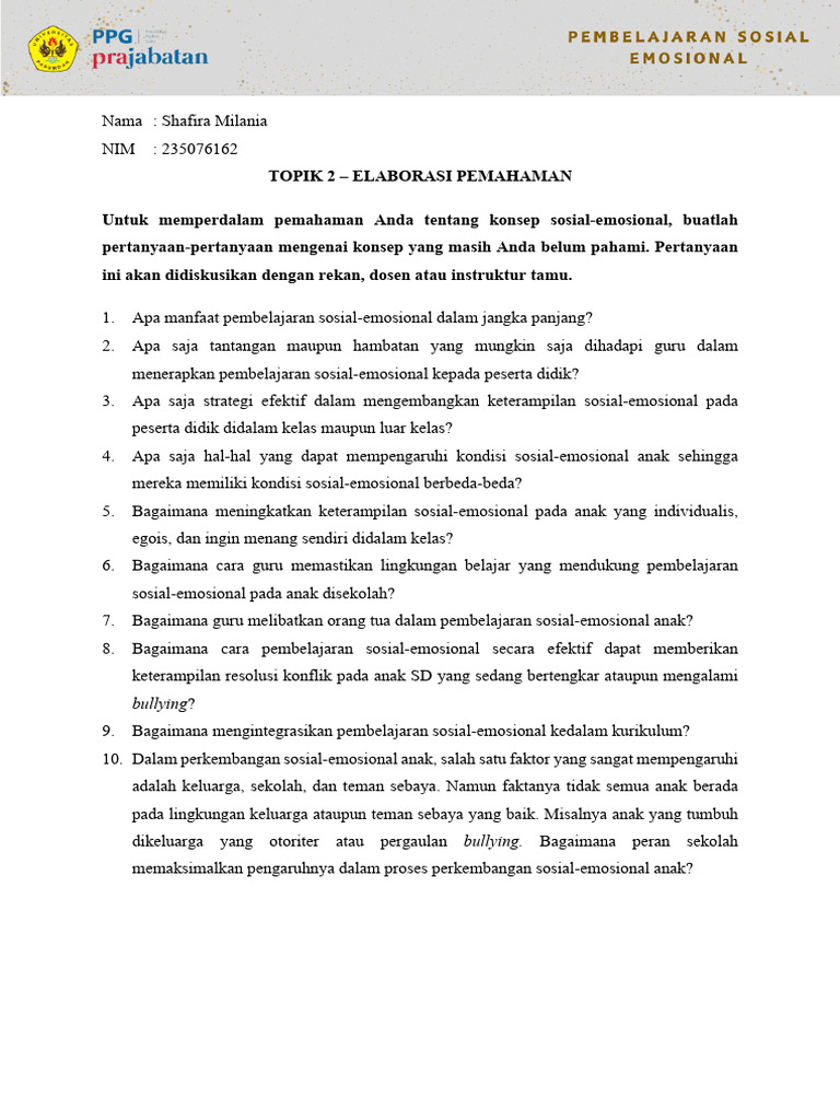 Topik 2 Elaborasi Pemahaman PSE Shafira Milania | PDF | Karier & Perkembangan | Kesehatan Holistik