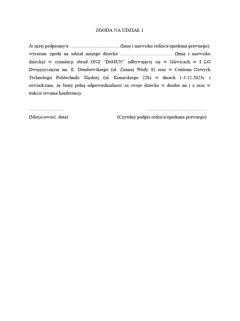 Zgoda Na Udział - Niepełnoletni | PDF