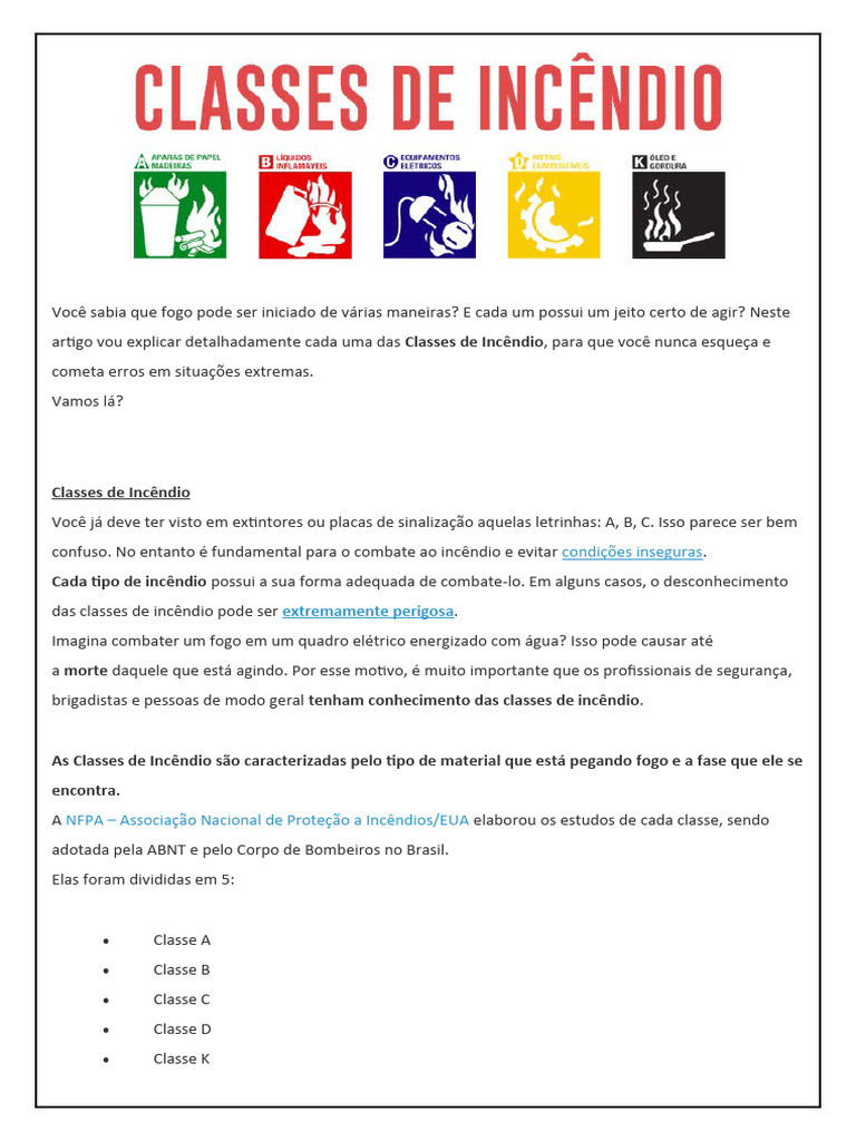 Classes de Incêndio | PDF | Incêndios | Combustíveis