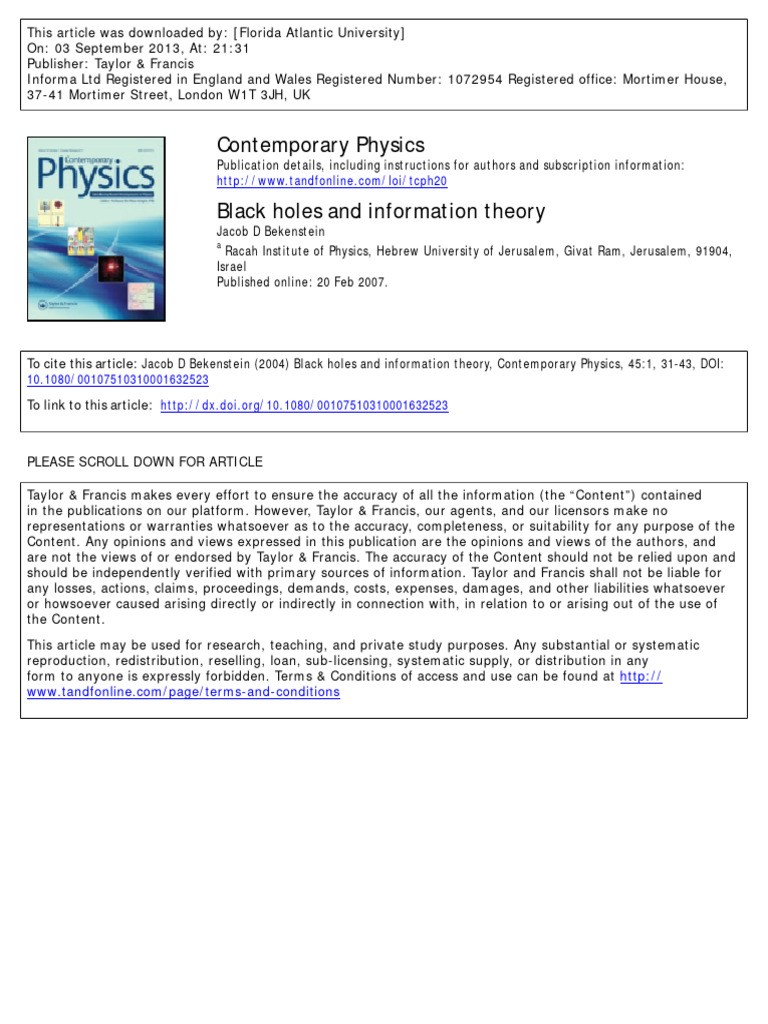 Black Holes and Information Theory | PDF | Black Hole | Entropy