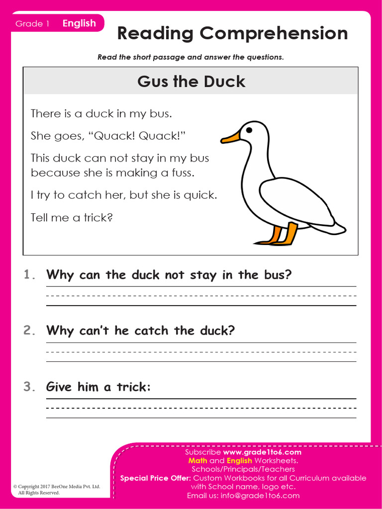 Comprehension For Class 1 | PDF