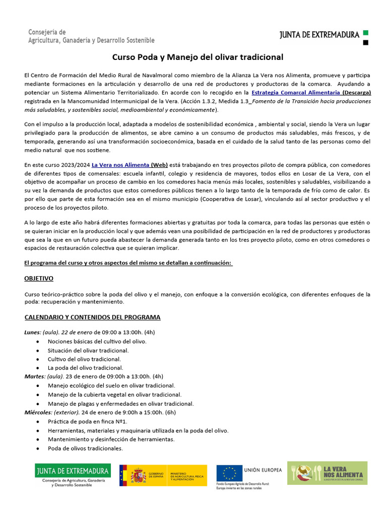 Programa Curso Poda y Manejo Del Olivar Tradicional | PDF | Sustentabilidad | Alimentos