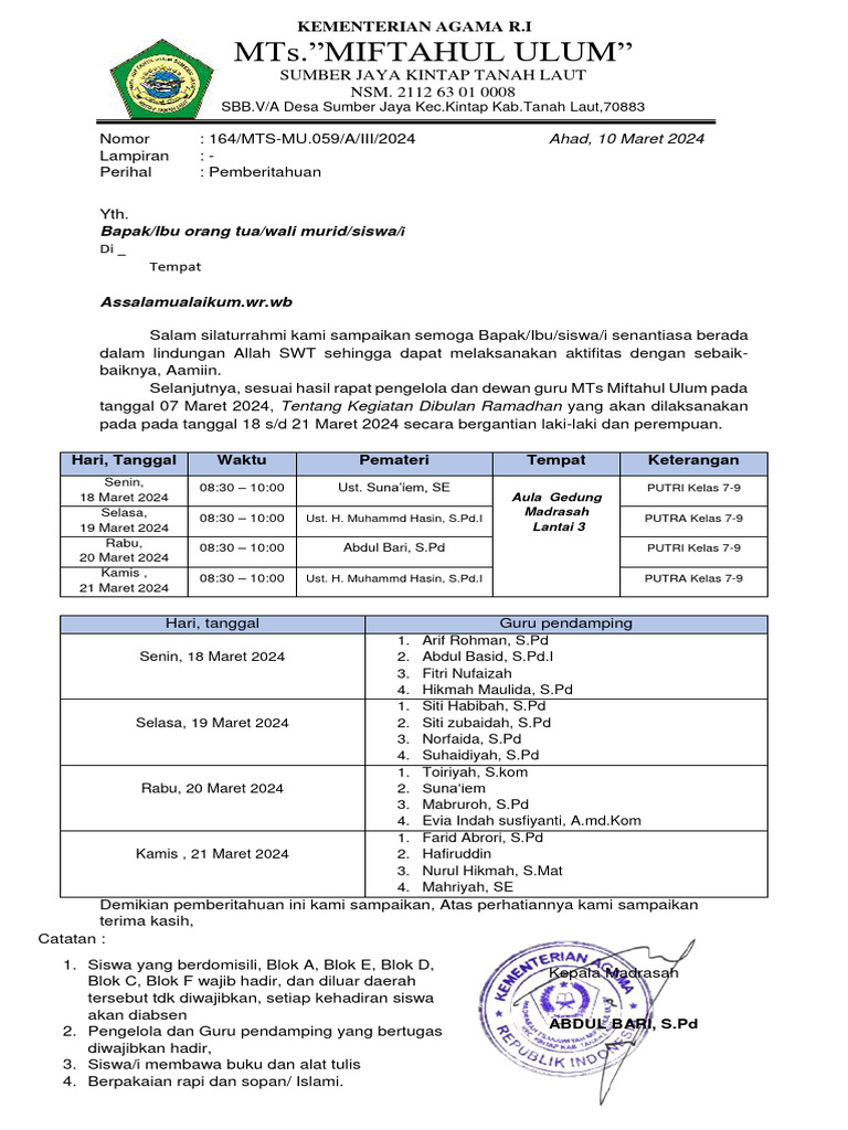 Pemberitahuan Kegiatan Ramadhan 2024 | PDF