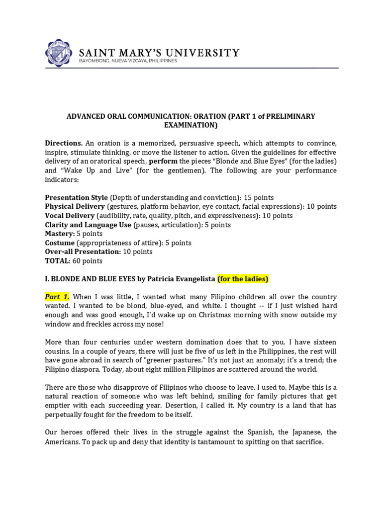 ADVANCED ORAL COMMUNICATION Oratorical Speech | PDF | Public Speaking