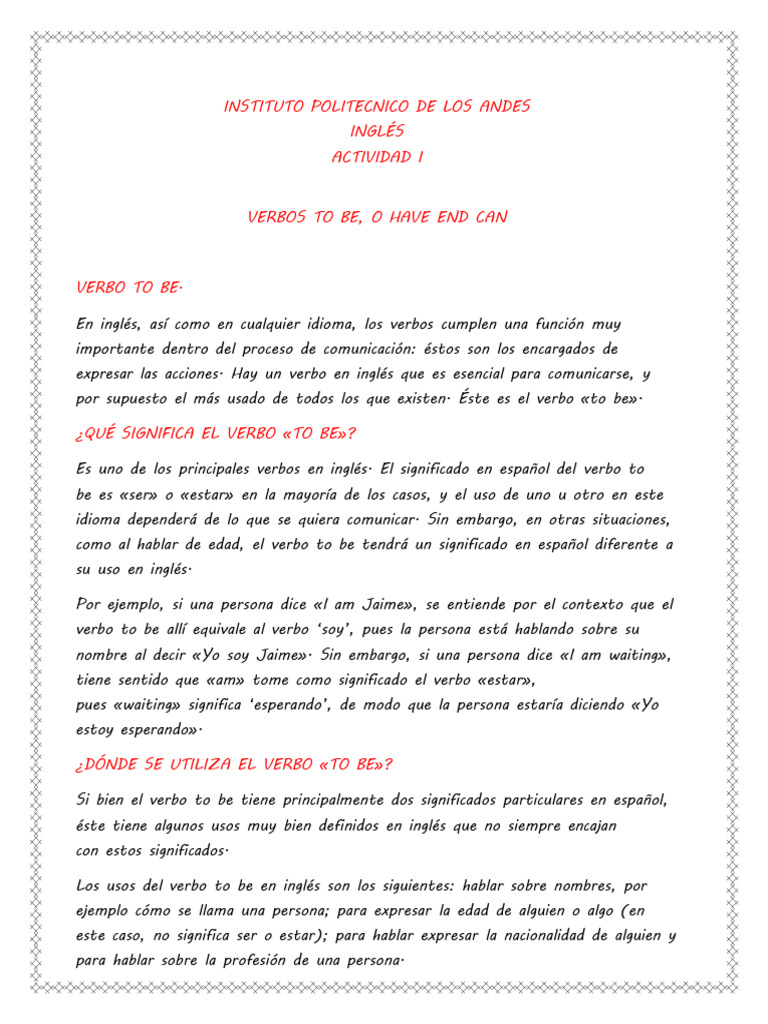 Verbos To Be Inglés I Pdf