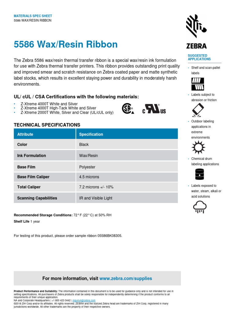 5586 Wax/Resin Ribbon Specifications | PDF | Materials | Industrial ...