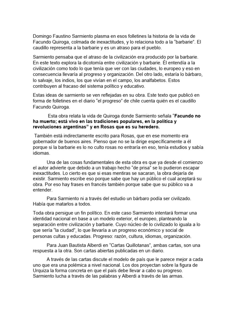Domingo Faustino Sarmiento plasma en esos folletines la historia de la vida de Facundo Quiroga | PDF
