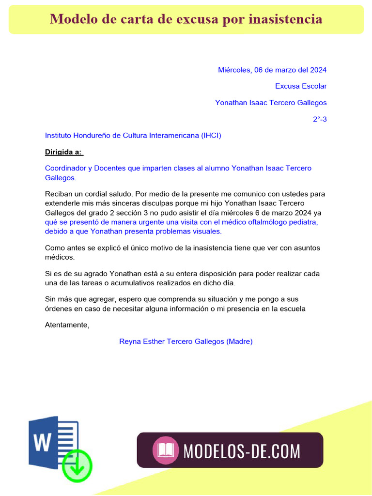 Modelo de Carta de Excusa Por Inasistencia | PDF