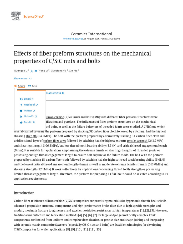Effects of Fiber Preform Structures On The Mechanical Properties of C - SiC Nuts and Bolts ...