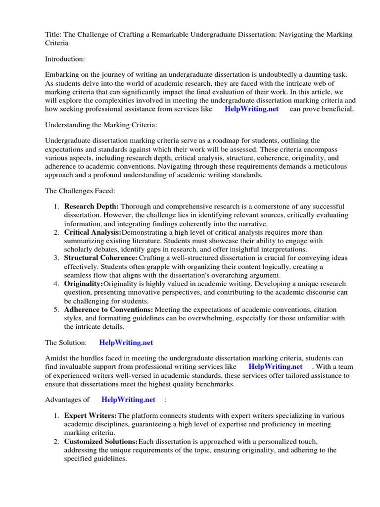 Undergraduate Dissertation Marking Criteria | PDF