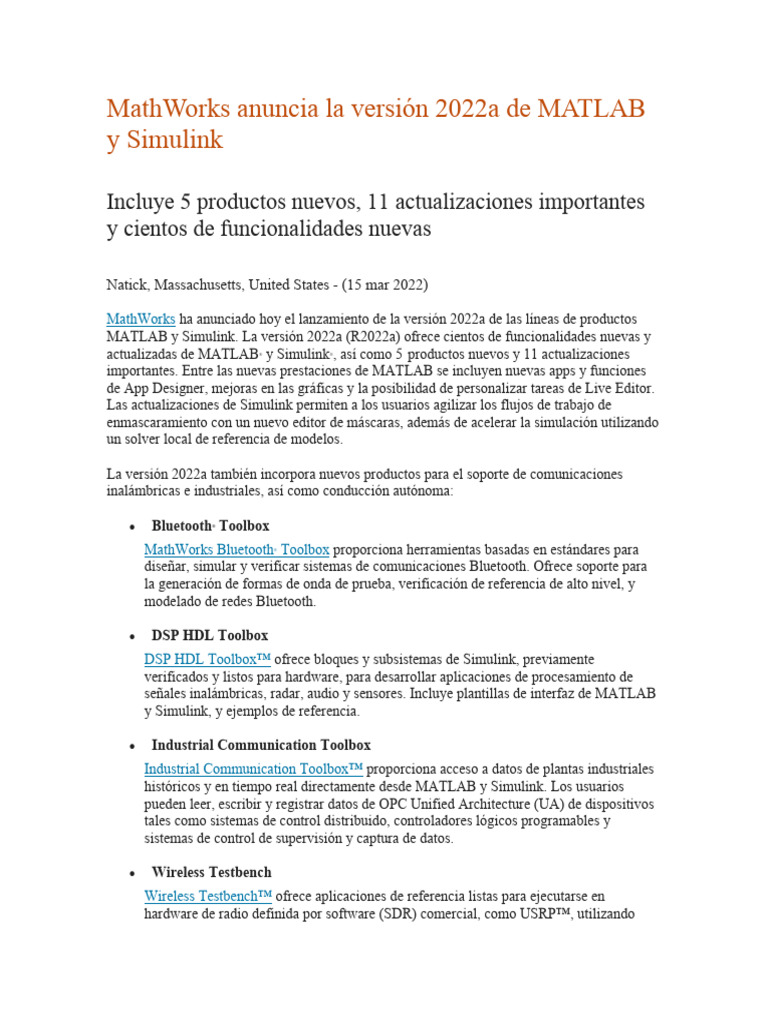 MathWorks Anuncia La Versión 2022a de MATLAB y Simulink | PDF | Matlab ... MathWorks Anuncia La Versión 2022a de MATLAB y Simulink | PDF | Matlab ...
