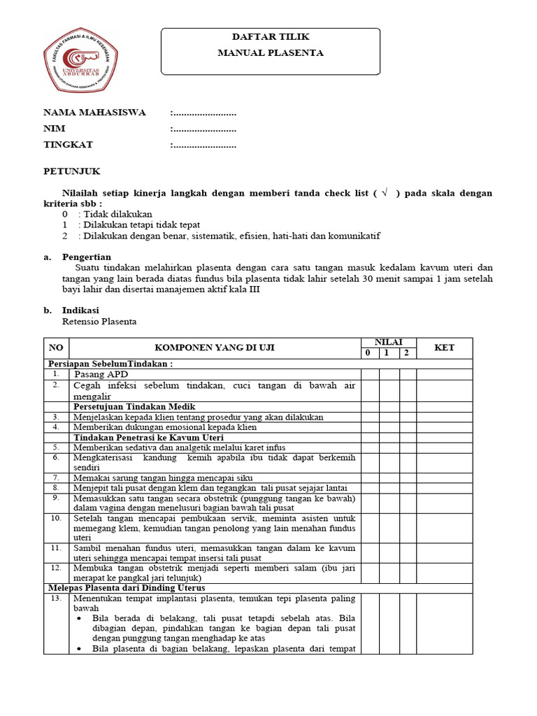 Daftar Tilik Manual Plasenta Fix 12 | PDF | Sains & Matematika