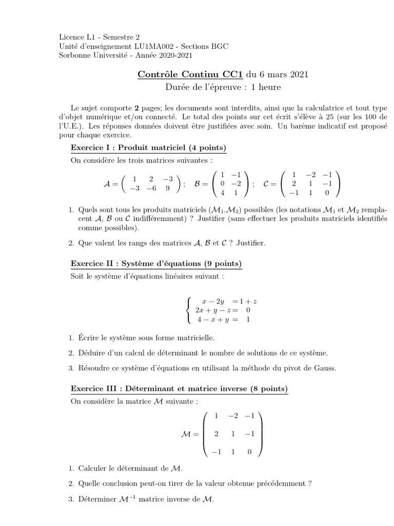 Contrôle Continu Matrices et Équations | PDF | Matrice (Mathématiques ...
