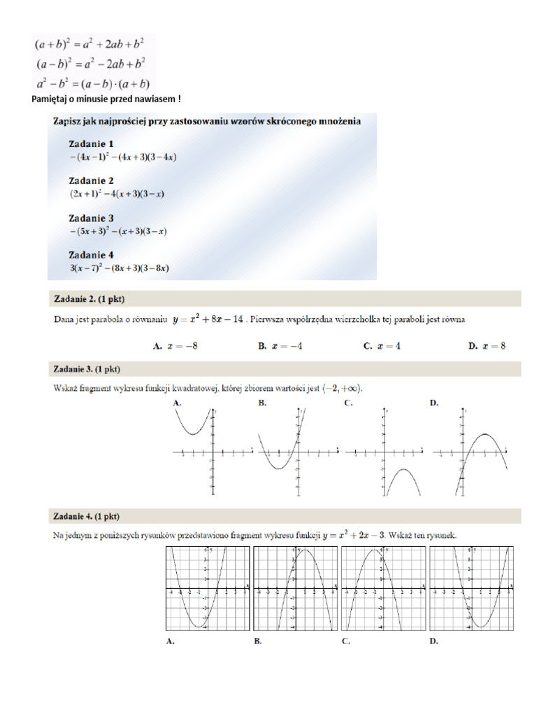 Funkcja Kwadratowa Zadania | PDF