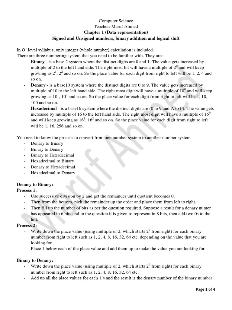 Signed and Unsigned Numbers, Binary Addition, Logical Shift (Chapter 1) | PDF | Decimal ...