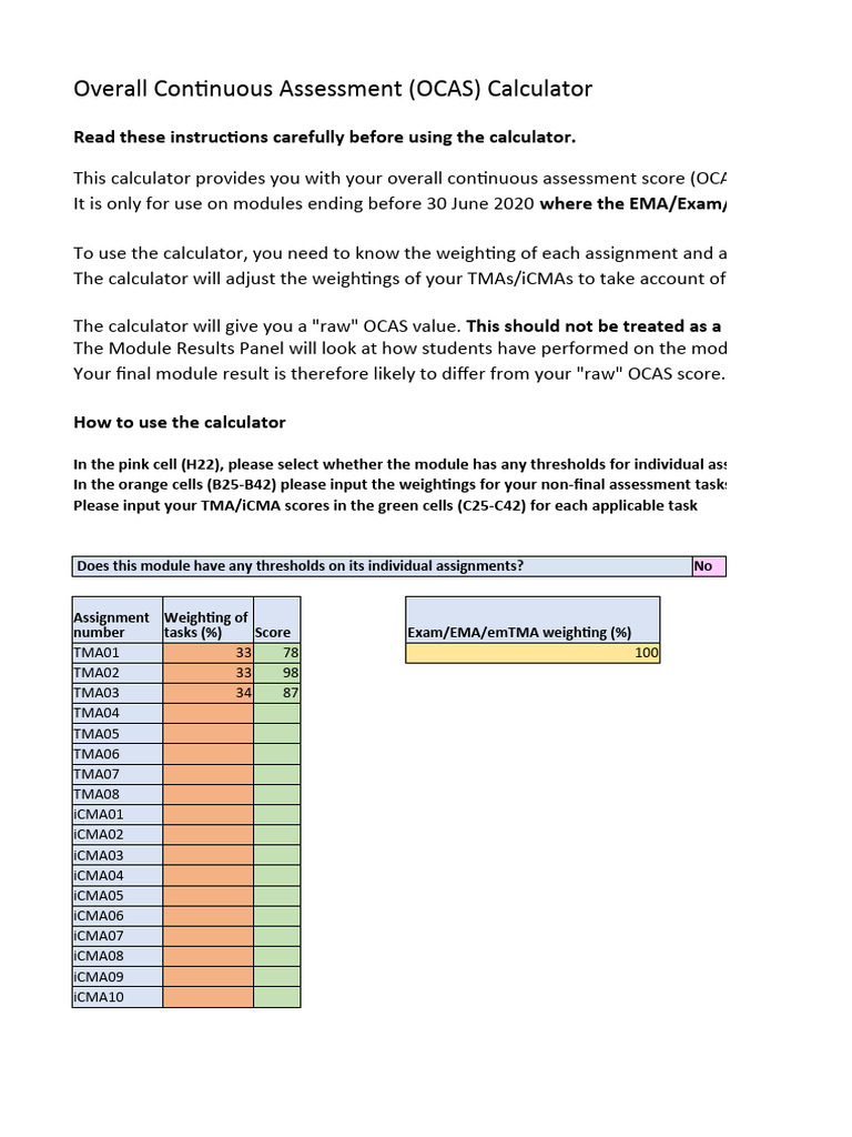 Ocas Calculator For Modules With Cancelled Final Assessment | PDF