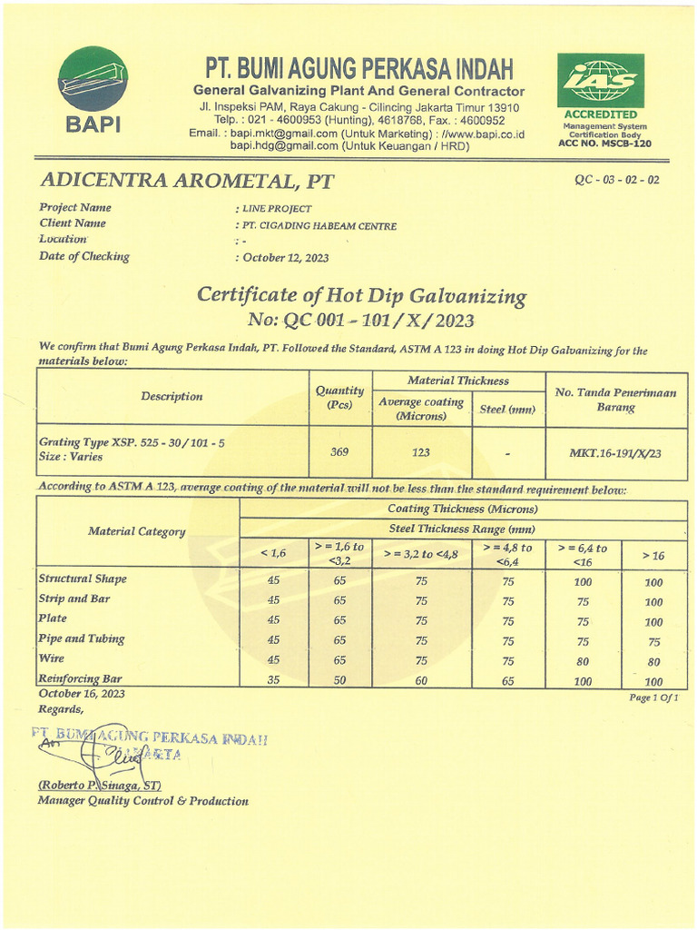 Galvanized Certificate & Report Thickenss | PDF