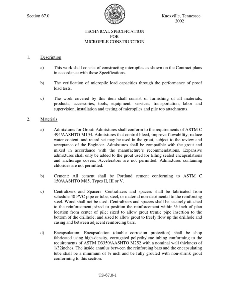 Technical Specification For Micropile Construction | PDF | Deep ...