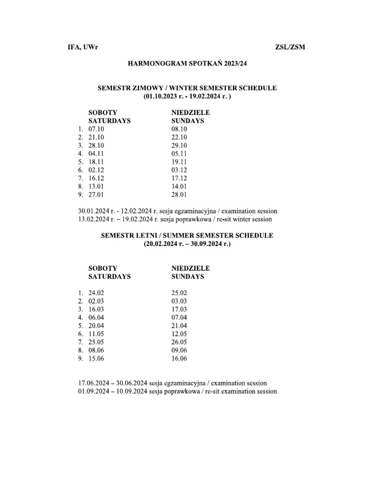 Harmonogram Zjazdow 23 24 | PDF