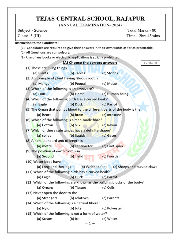 Class Iii (Science) Tejas Question Paper 2024 | PDF | Soil | Water