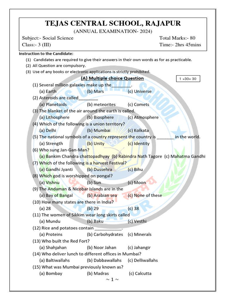 Class Iii (Social Science) Tejas Question Paper 2024 | PDF | Earth ...