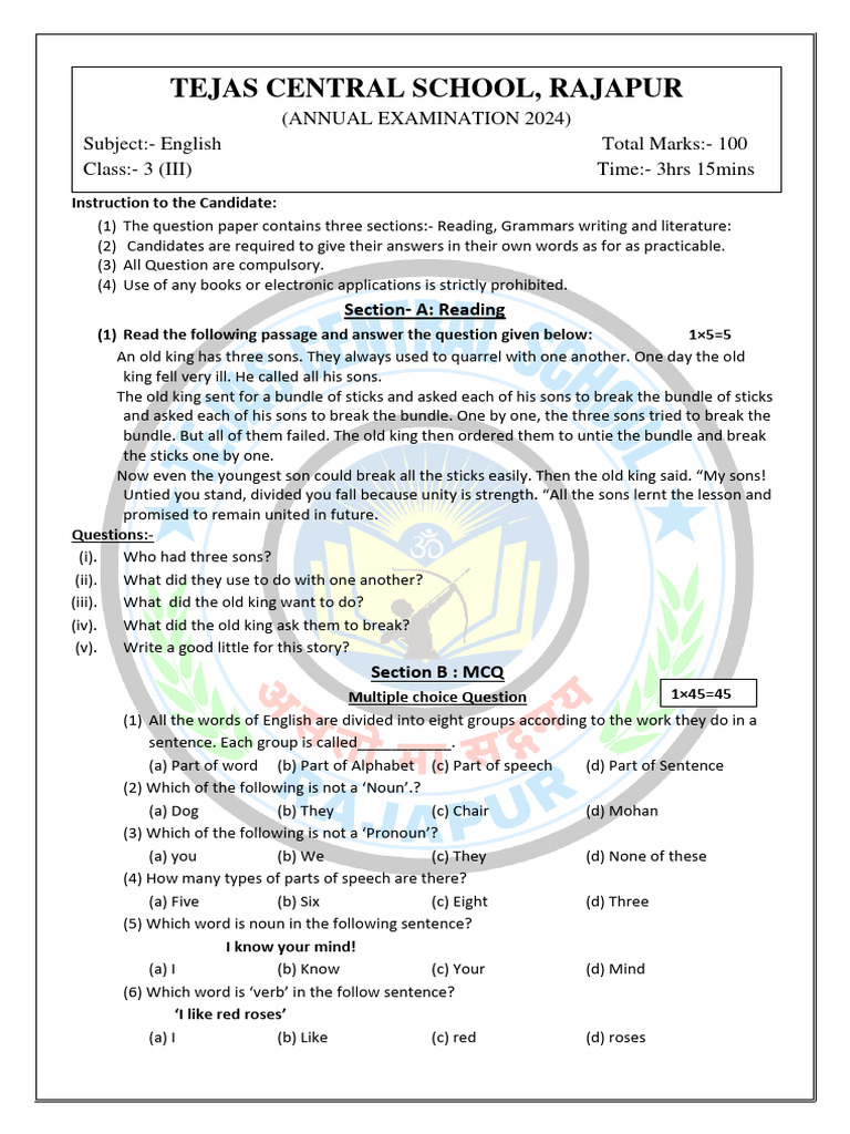 Class Iii (English) Tejas Question Paper 2024 | PDF | Part Of Speech | Noun