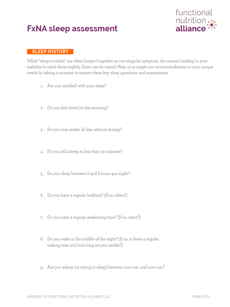 Sleep History Assessment Questionnaire | PDF