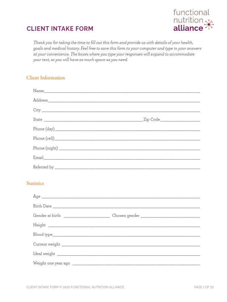 Client Nutrition Intake Form | PDF | Gastrointestinal Tract ...