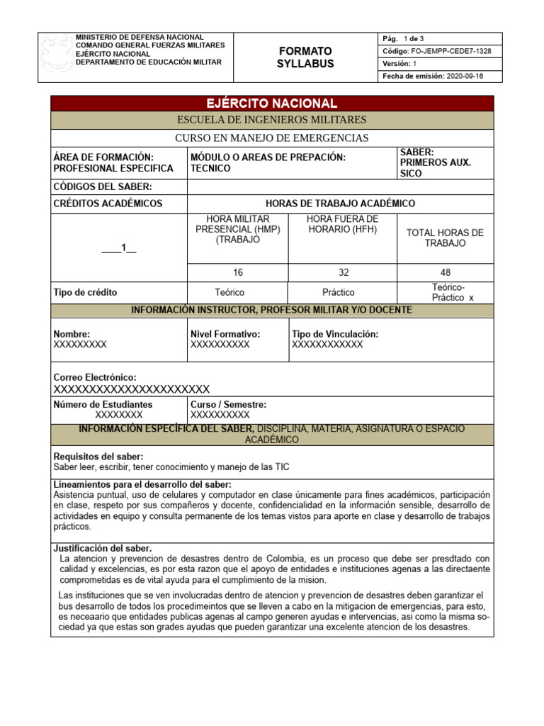 Syllabus - Primeros Auxilios - Sico | PDF | Crédito del curso