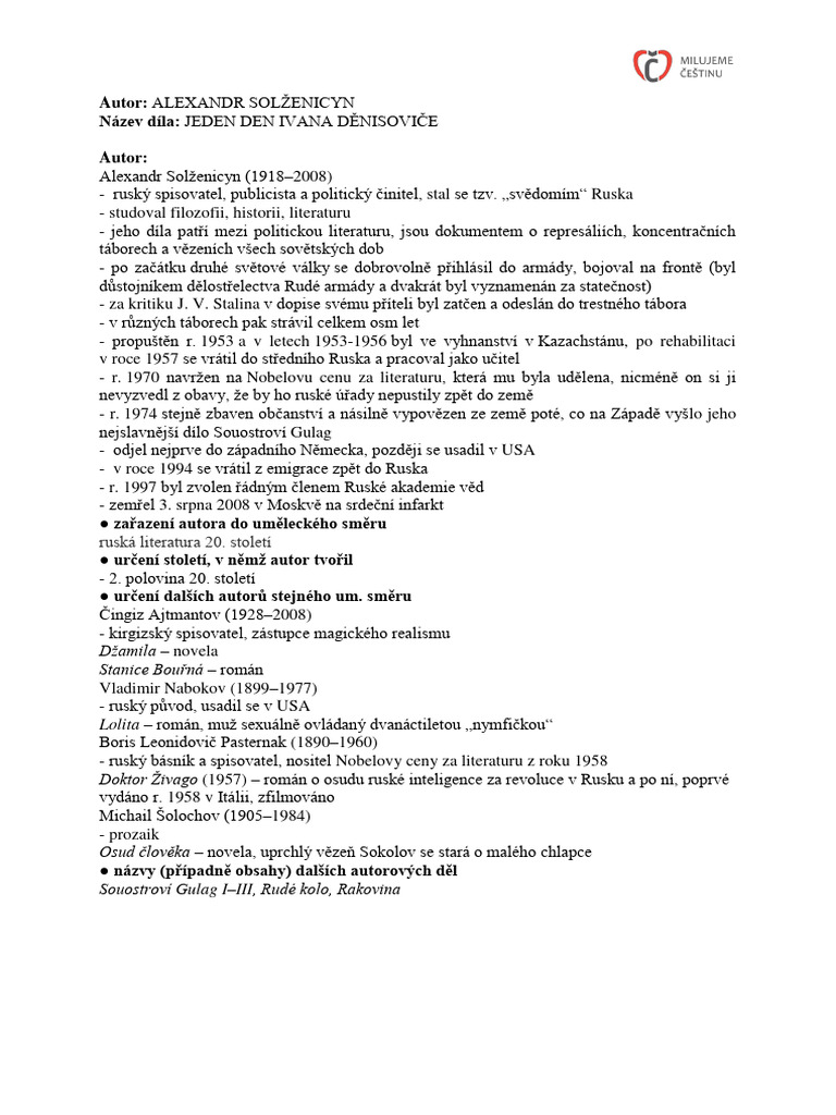Alexander Solzenicyn Jeden Den Ivana Denisovice | PDF