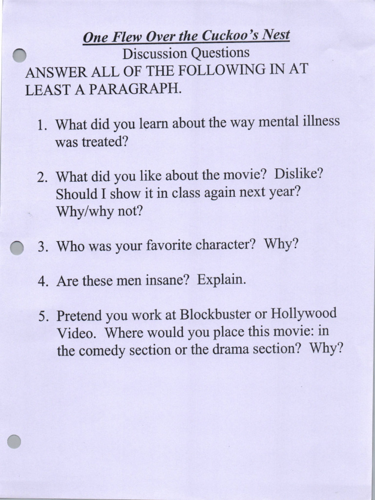 One Flew Over the Cuckoo's Nest Questions | PDF