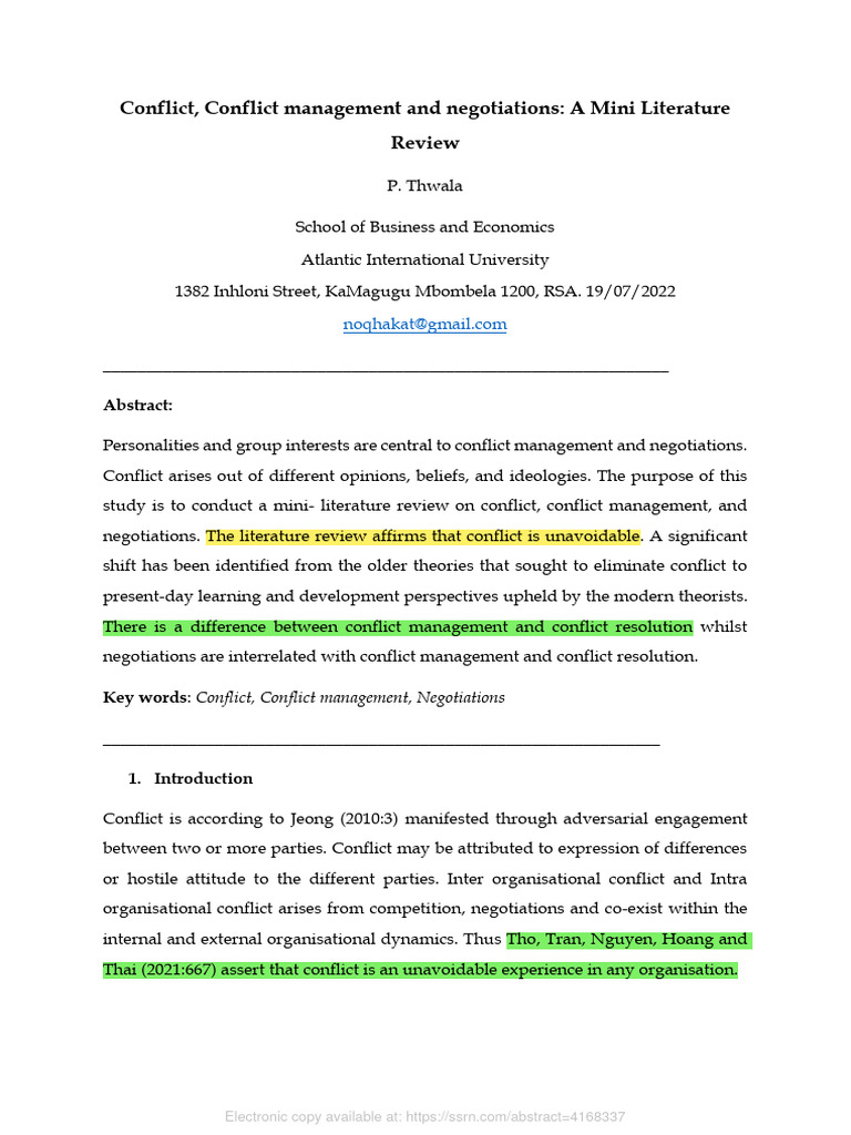 Conflict Management and Negotiation - Literature Review | PDF ...