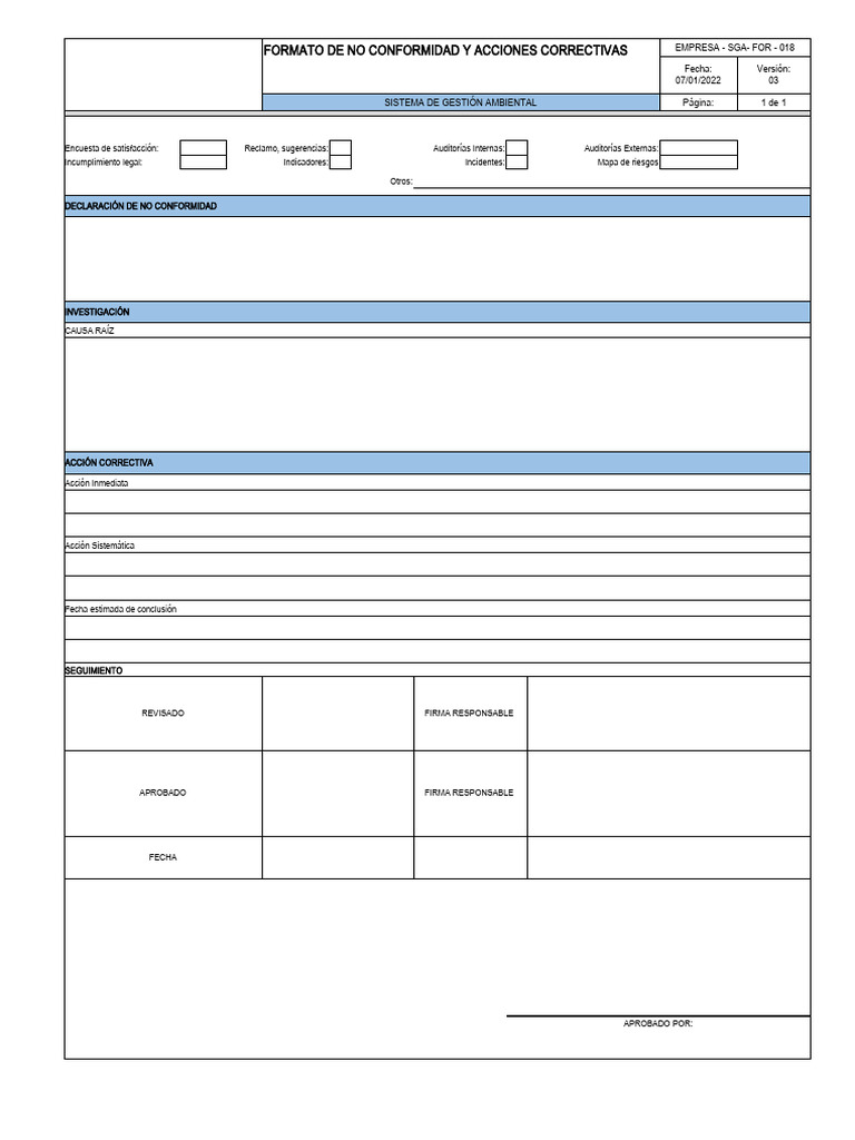 EMPRESA X - SGA - FOR - 018 Formato de No Conformidad y Acciones ...