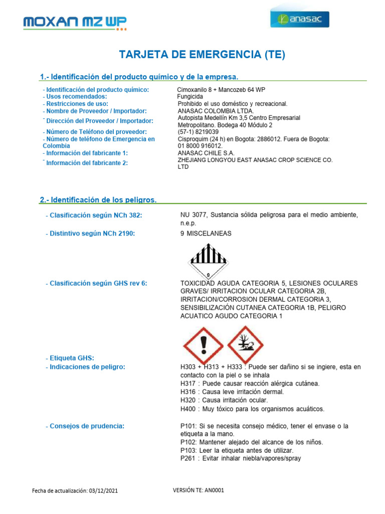 MOXAN MZ WP Cimoxanilo 8 Mancozeb 64 WP - TE | PDF | Agua | Combustión