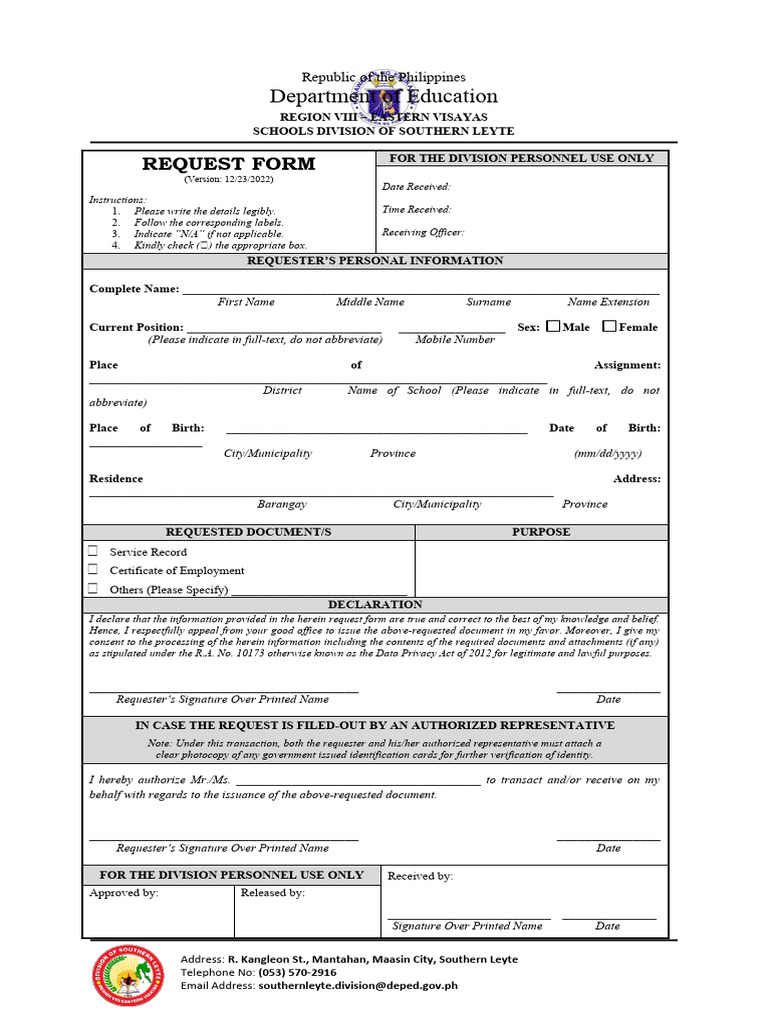Southern Leyte DepEd Request Form | PDF | Signature | Identity Document