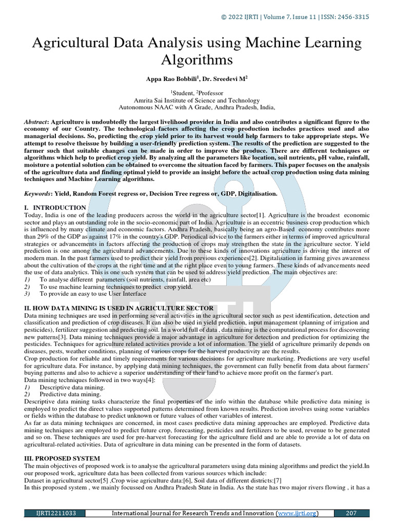 Agricultural Data Analysis Using Machine Learningpdf | PDF ...