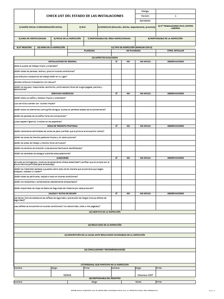 Checklist Inspección Instalaciones | PDF