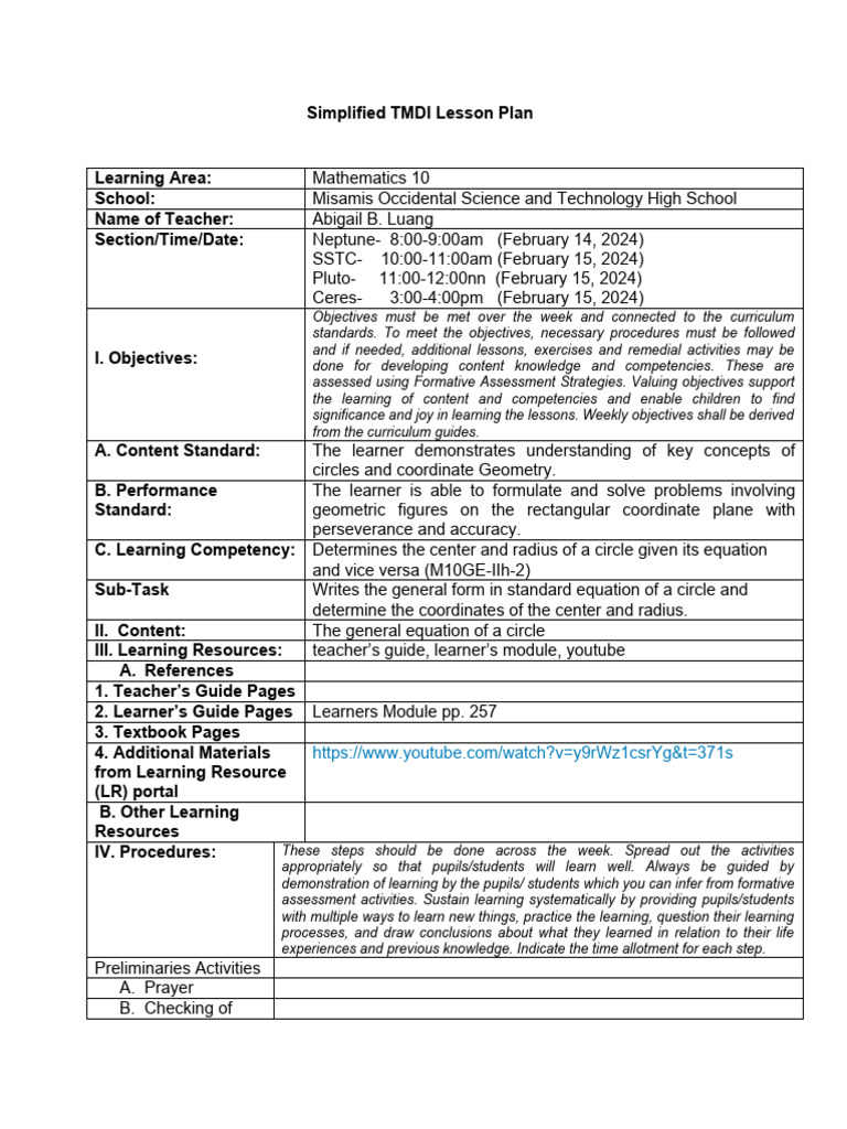 Simplified TMDI Lesson Plan | PDF | Learning | Equations