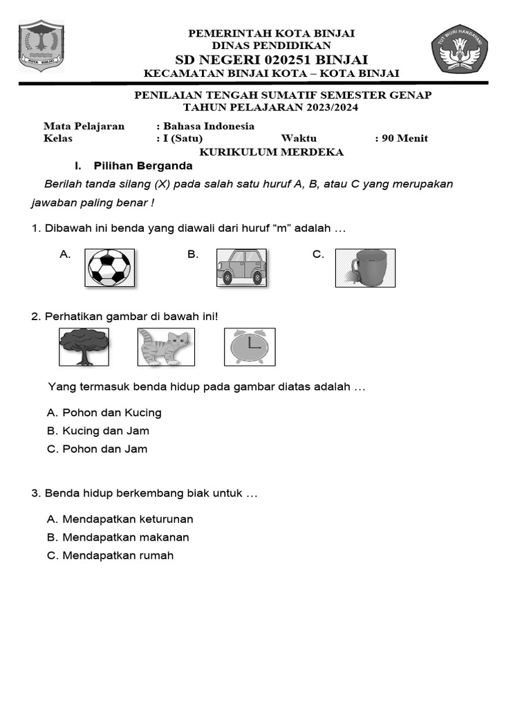Contoh Soal Ujian Kelas 1 | PDF