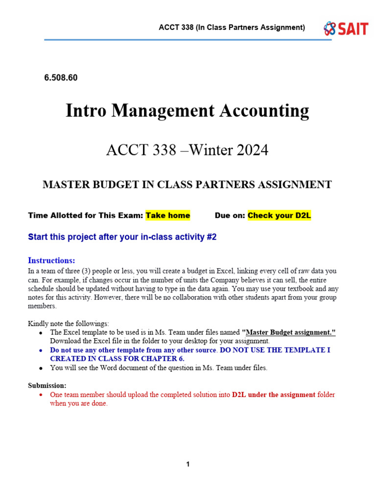 Master Budget Assignment for ACCT 338 | PDF